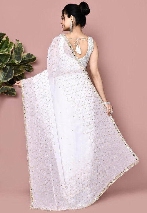 Buy Hand Embroidered Georgette Saree in White Online : SEH4722 - Utsav ...
