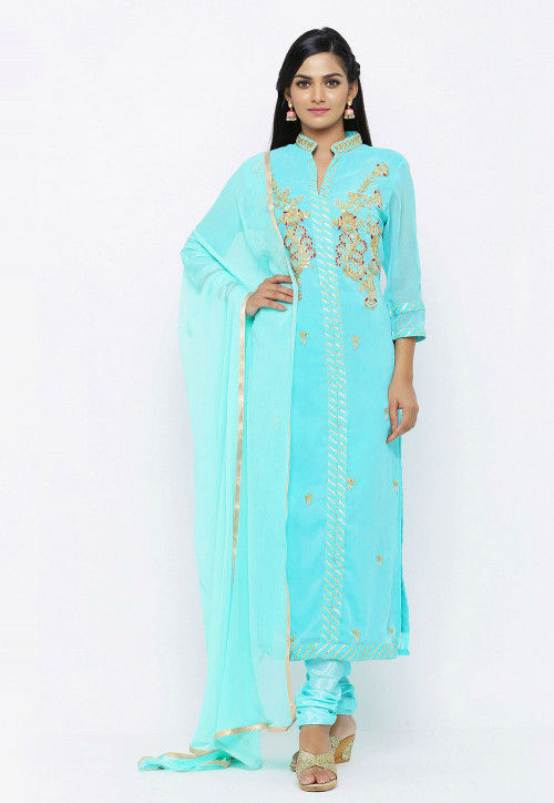 Buy Hand Embroidered Georgette Straight Suit in Turquoise Online ...