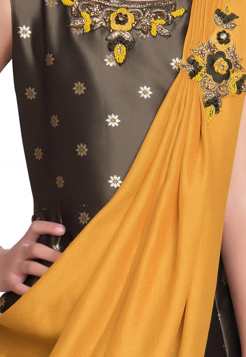 Buy Hand Embroidered Polyester Gown in Dark Grey and Mustard Online ...