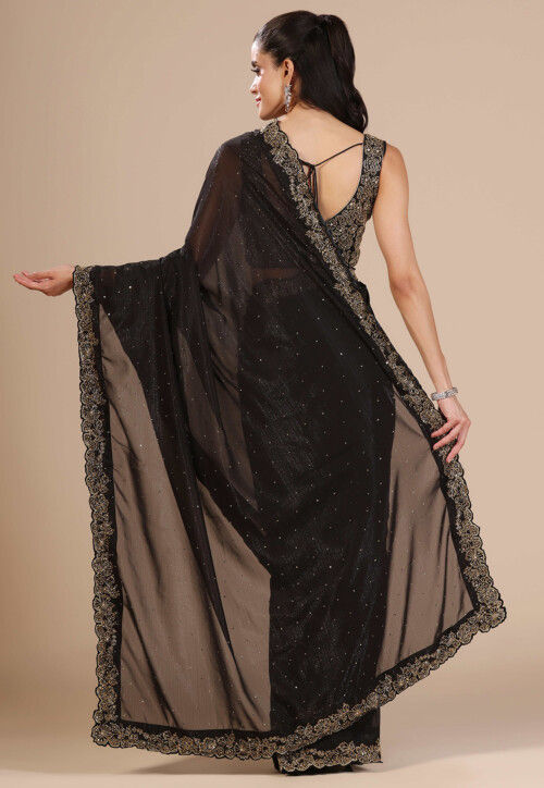 Buy Hand Embroidered Pure Chiffon Scalloped Saree in Black Online ...