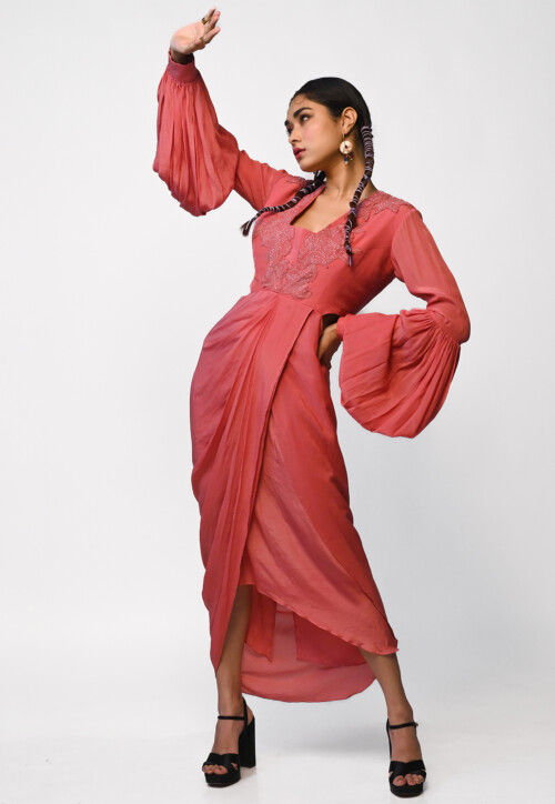 Buy Hand Embroidered Pure Crepe Cowl Dress in Peach Online : TMX31 ...