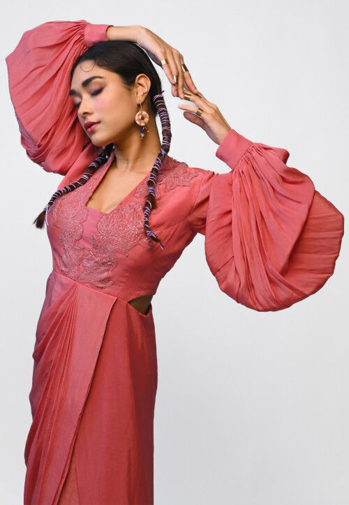 Buy Hand Embroidered Pure Crepe Cowl Dress in Peach Online : TMX31 ...