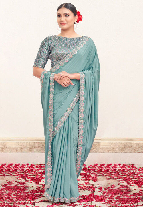 Buy Hand Embroidered Pure Crepe Scalloped Saree in Blue Online ...
