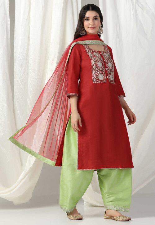 Buy Hand Embroidered Raw Silk Punjabi Suit in Red Online : KPK344 ...