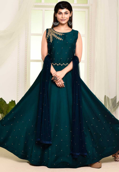 Buy Hand Embroidered Satin Silk Abaya Style Suit in Teal Blue Online ...