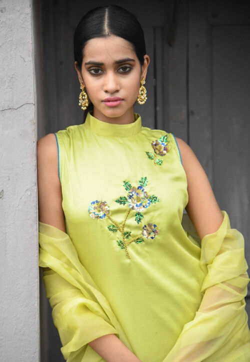 Buy Hand Embroidered Satin Silk Straight Suit in Light Green Online ...