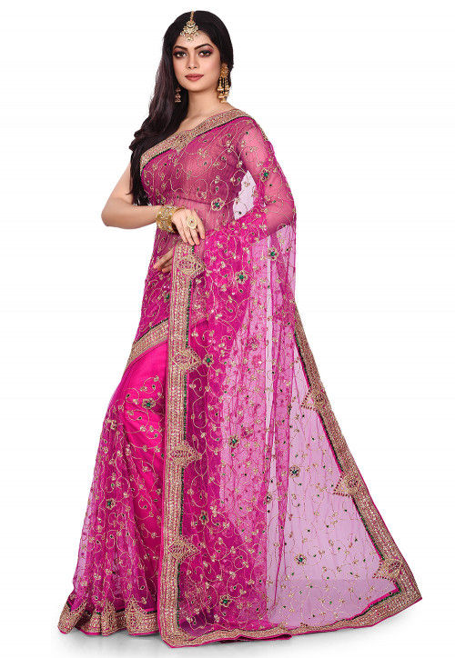 Buy Hand Embroidered Shimmer Net Saree in Fuchsia Online : SEH2313 ...