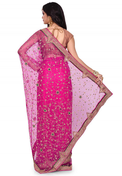 Buy Hand Embroidered Shimmer Net Saree in Fuchsia Online : SEH2313 ...