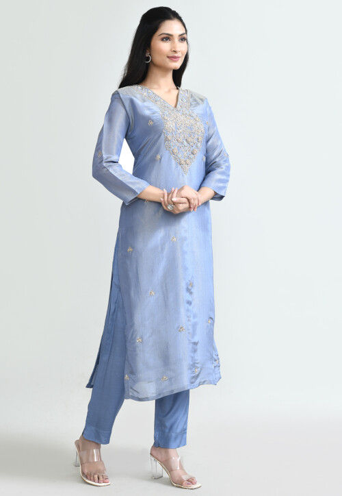 Buy Hand Embroidered Tissue Pakistani Suit in Pastel Blue Online ...