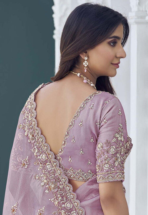 Buy Hand Embroidered Tissue Scalloped Saree in Light Purple Online ...