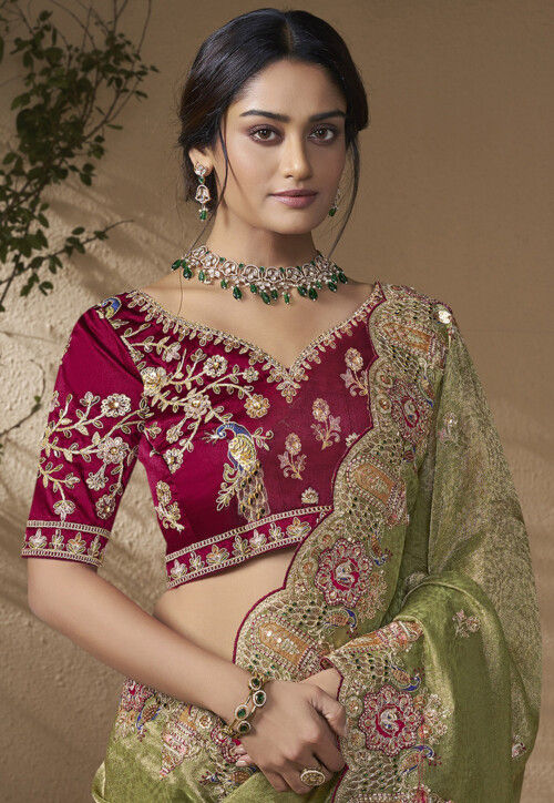 Buy Hand Embroidered Tissue Scalloped Saree in Pink Online : SET677 ...