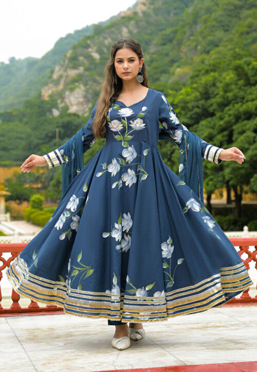 Buy Hand Painted Cotton A Line Suit in Blue Online : KJX232 - Utsav Fashion