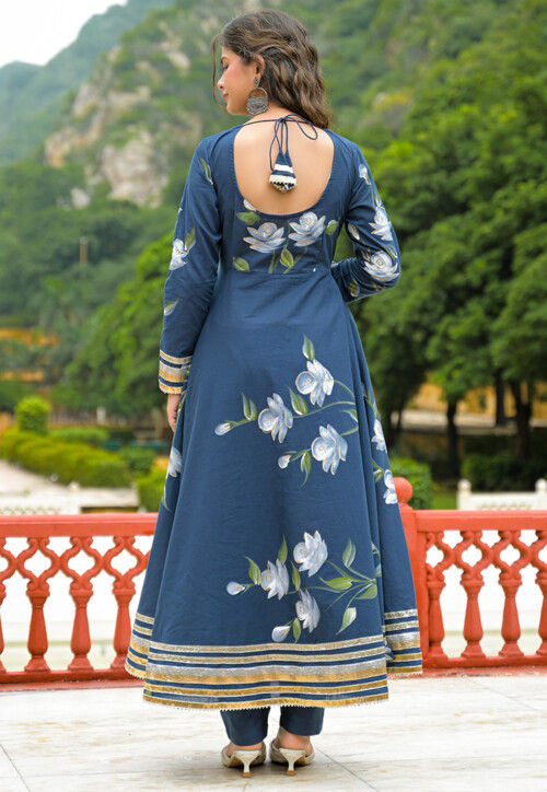 Buy Hand Painted Cotton A Line Suit in Blue Online : KJX232 - Utsav Fashion