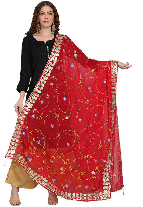 Buy Hand Painted Organza Dupatta in Red Online : BRJ829 - Utsav Fashion