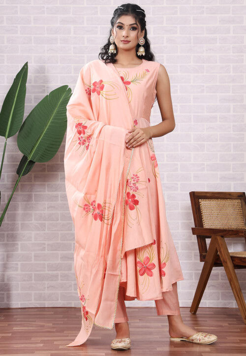 Buy Hand Painted Modal Silk Anarkali Suit in Peach Online : KER199 ...