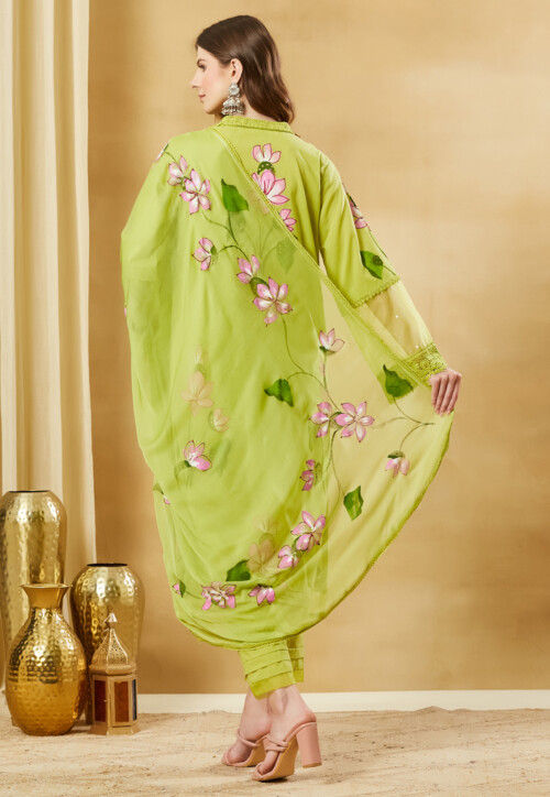 Buy Hand Painted Pure Cotton Pakistani Suit in Light Green Online ...