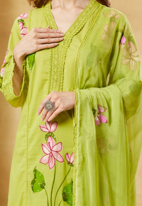 Buy Hand Painted Pure Cotton Pakistani Suit in Light Green Online ...