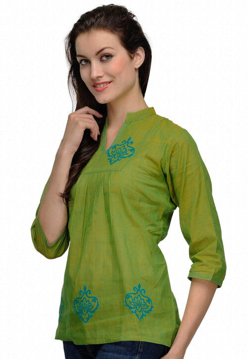 Buy Handloom Block Printed Pure Cotton Top in Olive Green Online ...