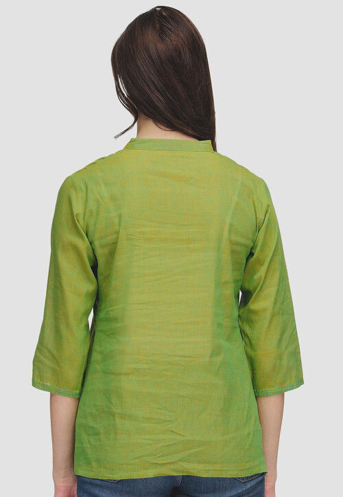 Buy Handloom Block Printed Pure Cotton Top in Olive Green Online ...