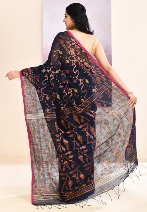 Buy Handloom Cotton Jamdani Saree in Navy Blue Online : SBE967 - Utsav ...