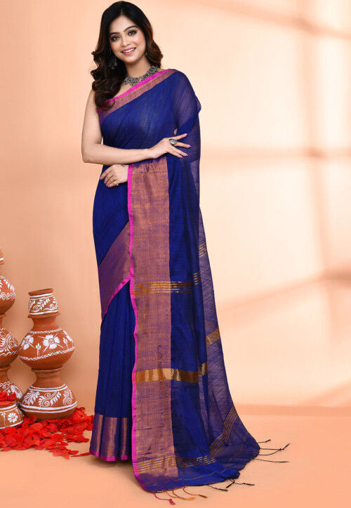Buy Handloom Cotton Silk Saree in Royal Blue Online : SBE675 - Utsav ...