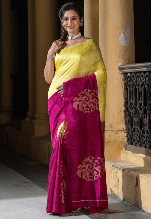 Buy Handloom Jamdani Pure Matka Silk Saree in Light Yellow and Magenta ...