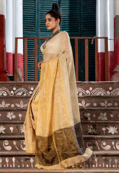 Buy Handloom Linen Saree in Beige Online : SBEA3392 - Utsav Fashion