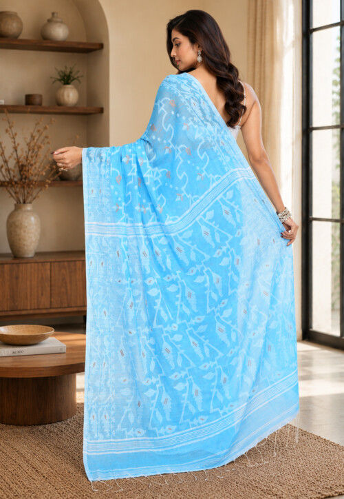 Buy Handloom Pure Cotton Jamdani Saree in Light Blue Online : SEJ2668 ...