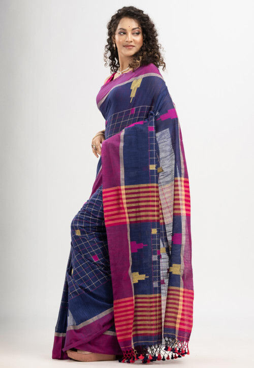 Buy Handloom Pure Cotton Saree in Dark Blue Online : SBEA2148 - Utsav ...