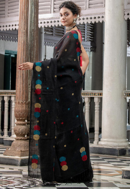 Buy Handloom Pure Linen Saree in Black Online : SBEA3143 - Utsav Fashion