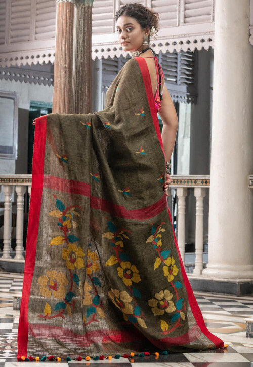 Buy Handloom Pure Linen Saree in Dusty Green Online : SBEA3139 - Utsav ...