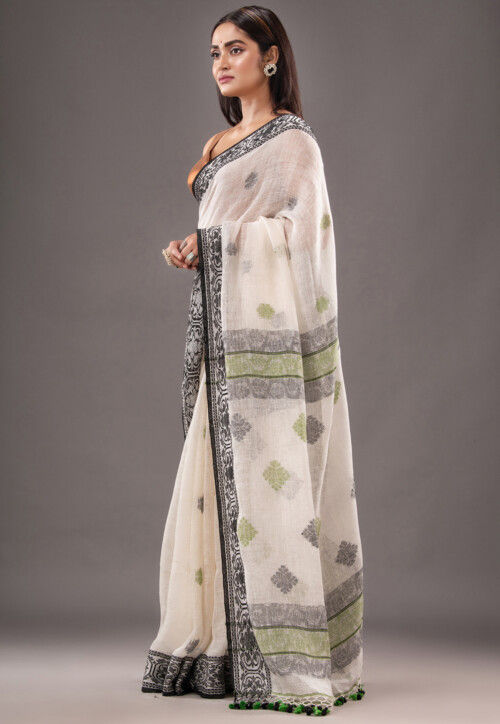 Buy Handloom Pure Linen Saree in Off White Online : SPN6844 - Utsav Fashion
