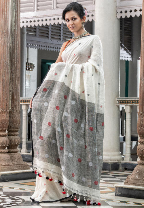 Buy Handloom Pure Linen Saree in White Online : SBEA3141 - Utsav Fashion