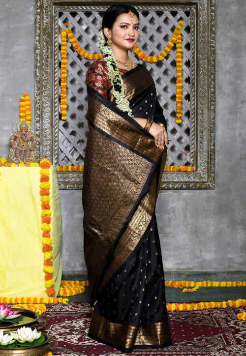 Buy Handloom Pure Silk Gadwal Saree in Black Online : SMUA197 - Utsav ...