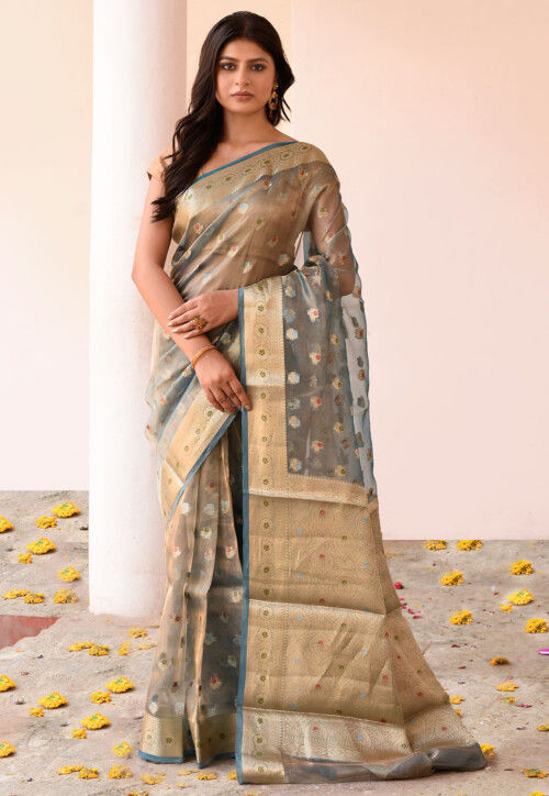 Buy Handloom Pure Tissue Banarasi Saree in Dusty Blue Online : SGWA359 ...