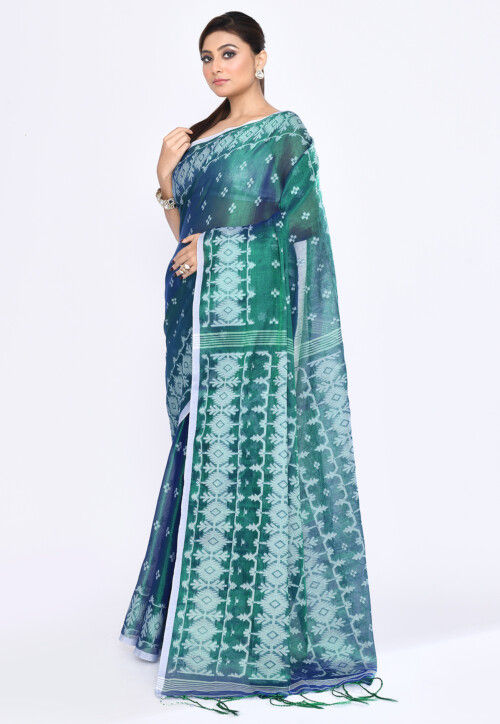 Buy Handloom Tissue Saree in Green and Blue Dual Tone Online : SBE848 ...