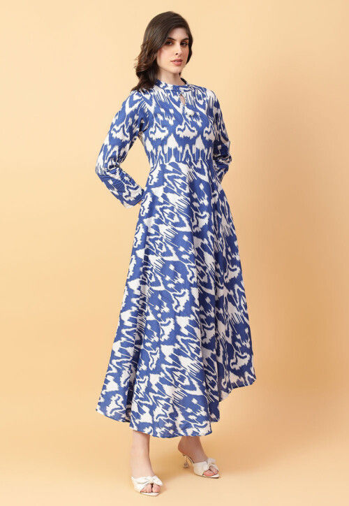 Buy Ikat Printed Cotton Maxi Dress in Off White and Blue Online ...