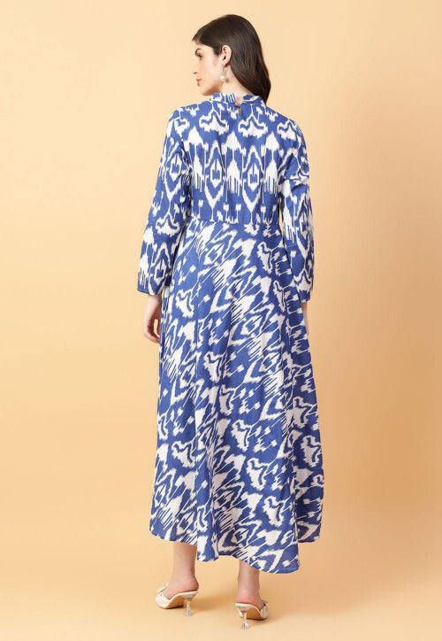 Buy Ikat Printed Cotton Maxi Dress in Off White and Blue Online ...
