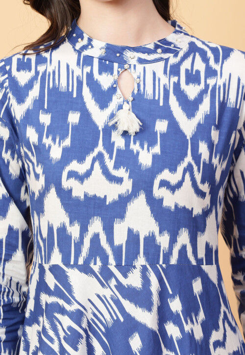 Buy Ikat Printed Cotton Maxi Dress in Off White and Blue Online ...