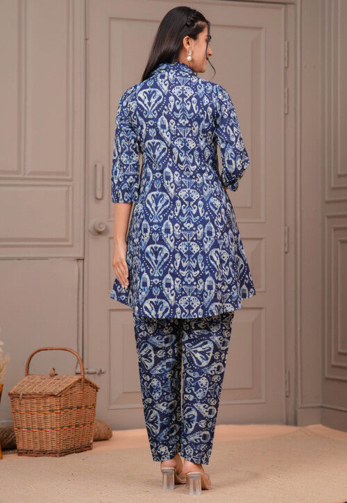 Buy Ikat Printed Pure Cotton A Line Kurta Set in Navy Blue Online ...