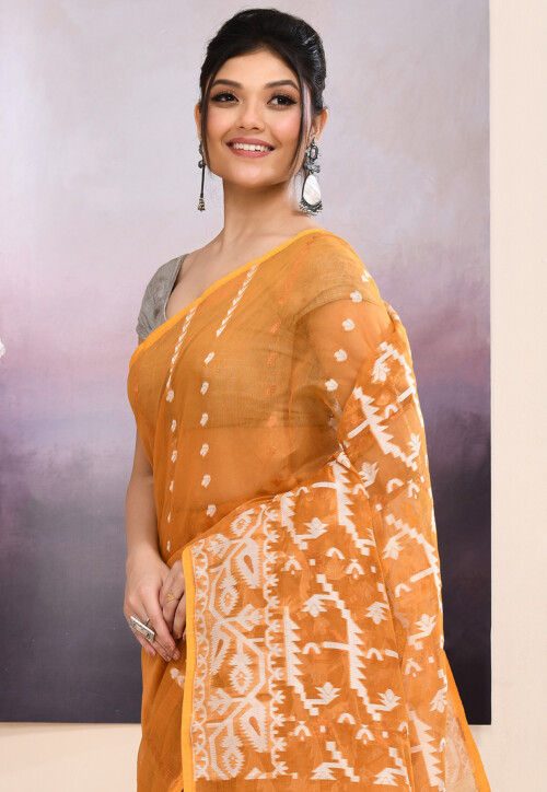 Buy Jamdani Cotton Saree in Mustard Online : SBE993 - Utsav Fashion