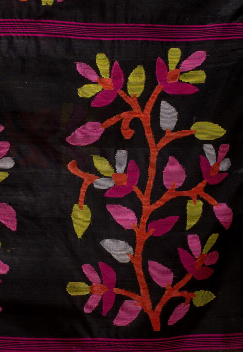 Buy Jamdani Pure Muslin Silk Saree in Black Online : SPN6507 - Utsav ...