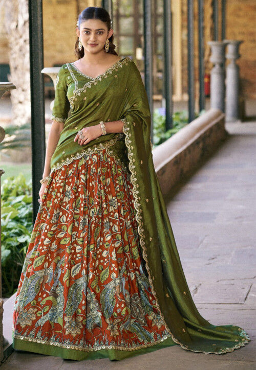 Buy Kalamkari Printed Art Silk Lehenga in Rust Online : LBC3321 - Utsav ...
