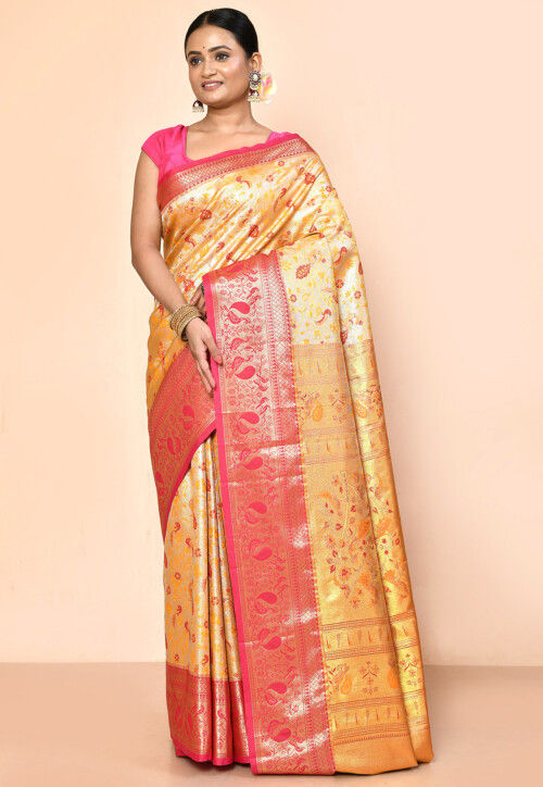 Buy Kanchipuram Saree in Yellow and Silver Dual Tone Online : SYJA70 ...
