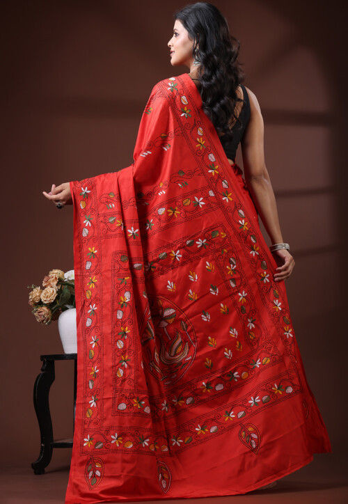 Buy Kantha Embroidered Art Silk Saree in Red Online : SBY1270 - Utsav ...