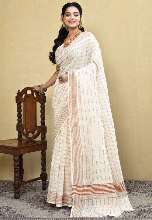 Buy Kerela Kasavu Pure Cotton Saree in Off White Online : SPN6810 ...
