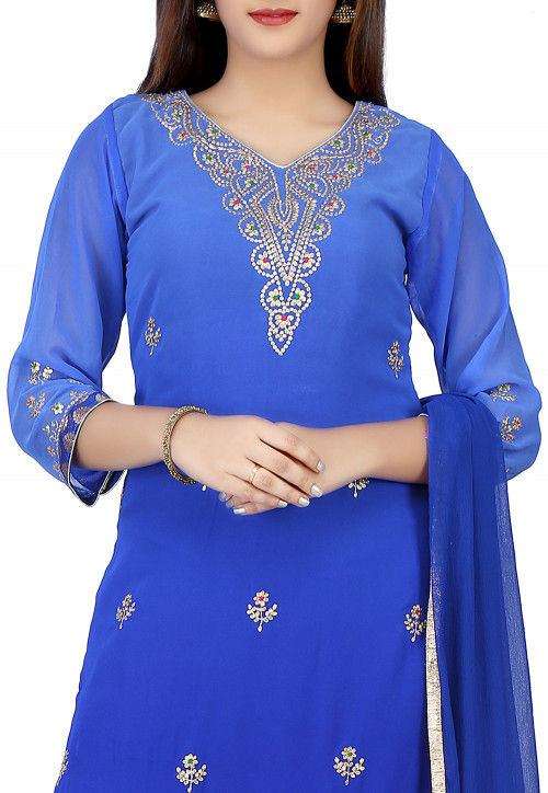 Buy Embroidered Georgette Straight Suit in Blue Ombre Online : KJN2083 ...