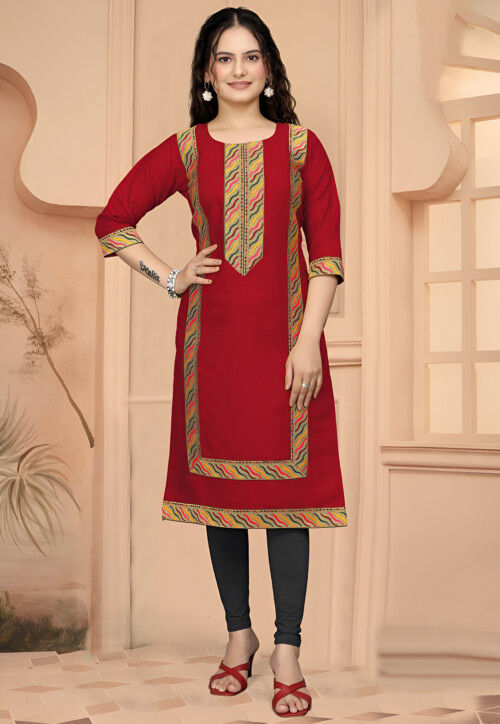 Buy Lace Border Cotton Straight Kurta in Red Online : TGW4442 - Utsav ...