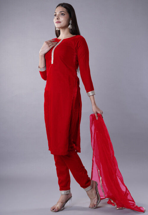 Buy Lace Border Velvet Pakistani Suit in Red Online : KUR0278 - Utsav ...