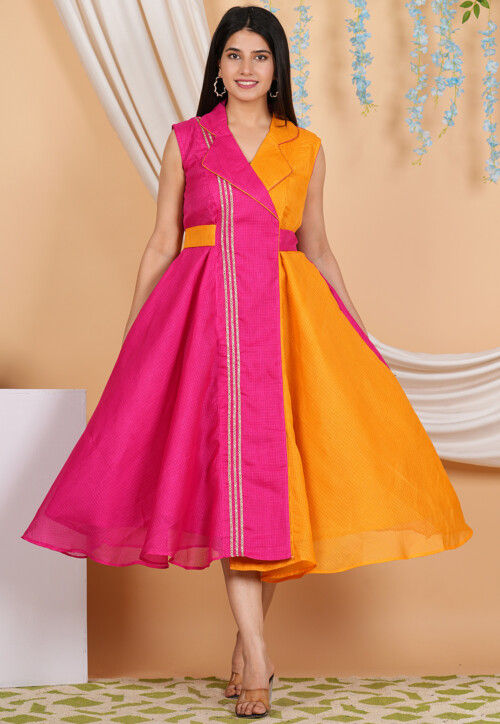 Buy Lace Embellished Kota Doria Aline Dress in Fuchsia and Orange ...
